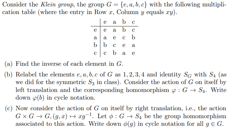 Solved Consider the Klein group, the group G = {e, a,b,c} | Chegg.com
