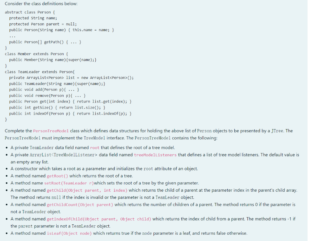 Solved Consider the class definitions below: PersonTreeModel | Chegg.com