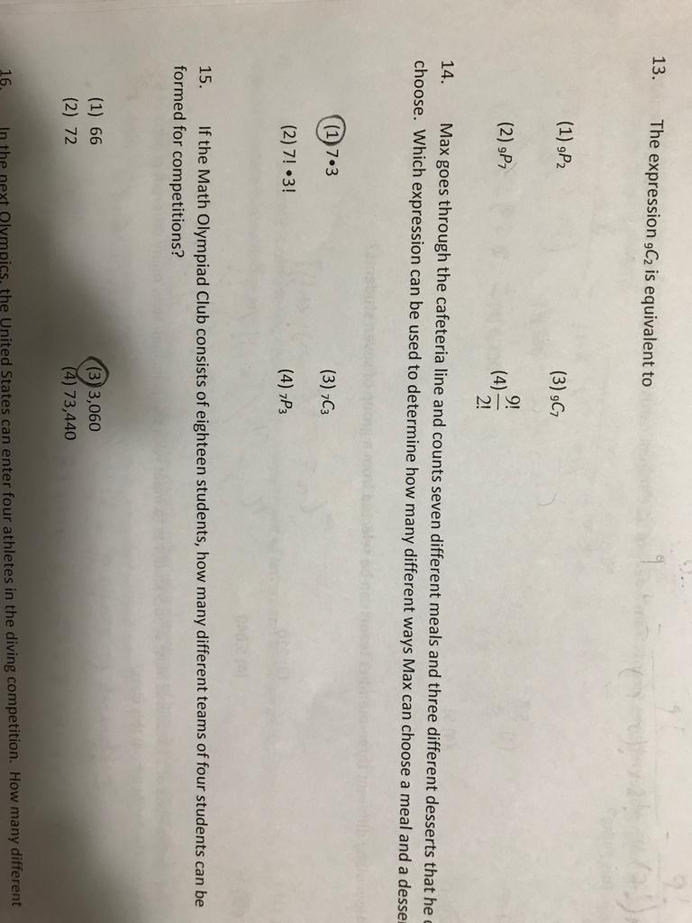 Solved 13. The expression 9C2 is equivalent to (1) 9P2 (3) | Chegg.com