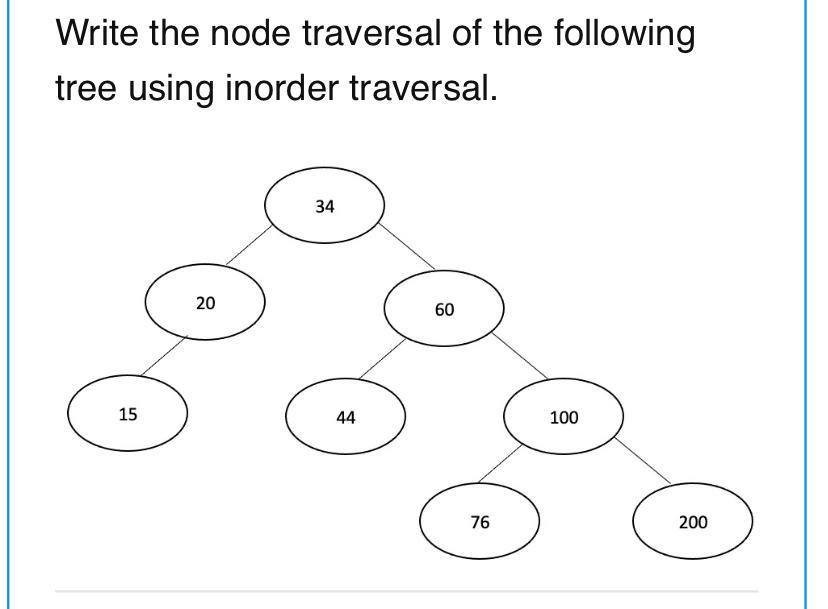Solved Write the node traversal of the following tree using | Chegg.com