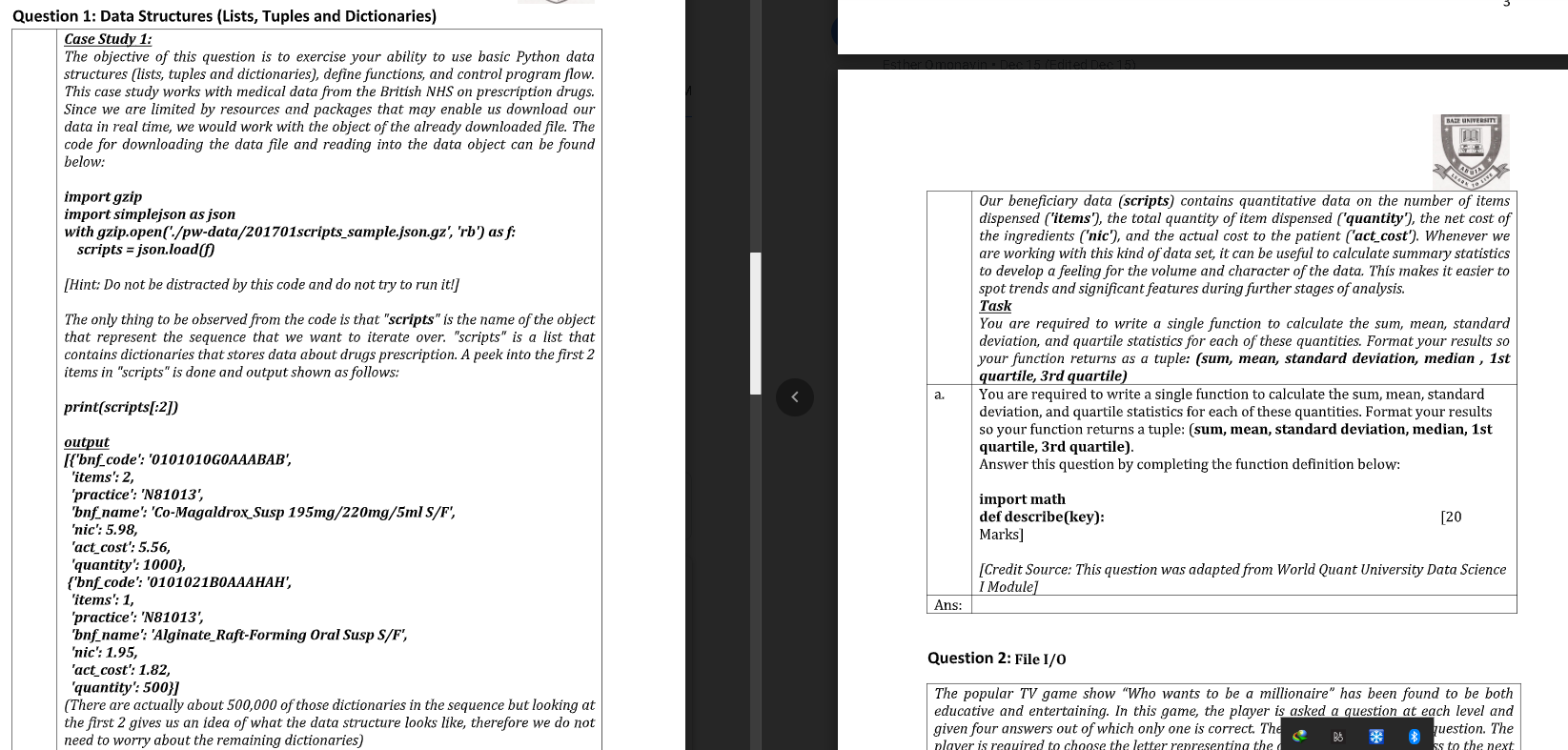 Solved Question 1: Data Structures (Lists, Tuples and | Chegg.com