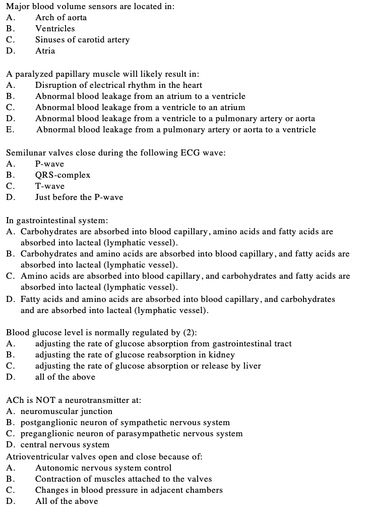 Solved A. Major blood volume sensors are located in: Arch of | Chegg.com