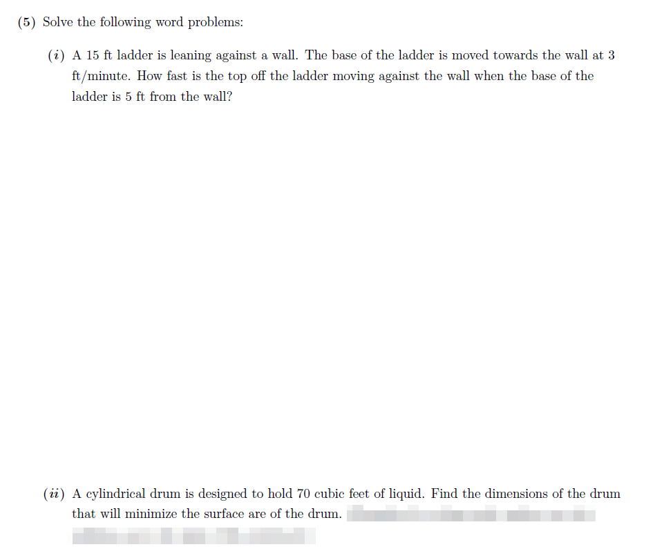 Solved (5) Solve the following word problems: (i) A 15 ft | Chegg.com