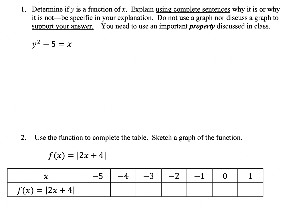Solved a 1. Determine if y is a function of x. Explain using | Chegg.com