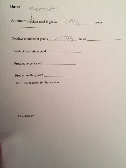 Data: phenacetin Amount of reactant used in grams 100 | Chegg.com