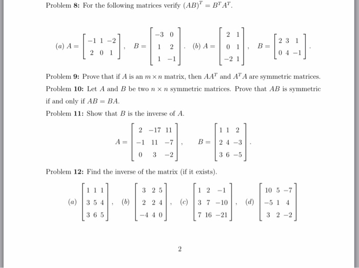 Solved For the following matrices verify (AB)^T = B^T A^T. | Chegg.com