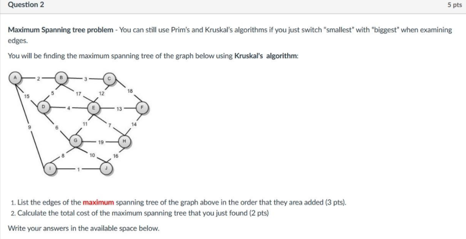 Solved Question 1 5 pts Maximum Spanning tree problem - You | Chegg.com