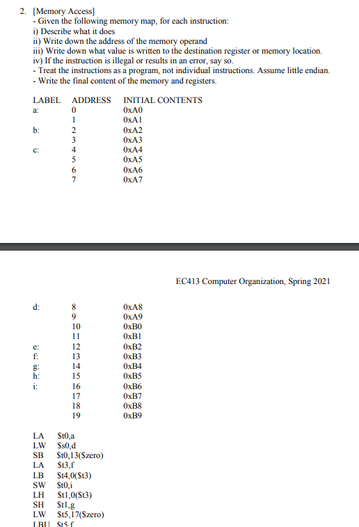 2. [Memory Access] - Given the following memory map, | Chegg.com