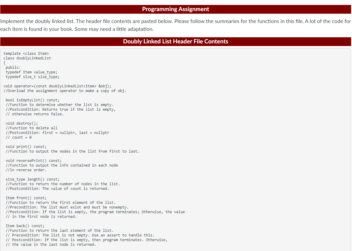 Solved Programming Assignment Implement the doubly linked | Chegg.com