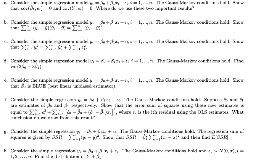 a. Consider the simple regression model yi = Bo+B12; | Chegg.com