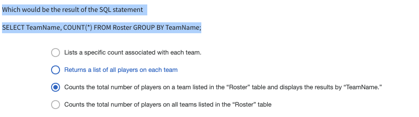 Solved Which would be the result of the SQL statement SELECT | Chegg.com