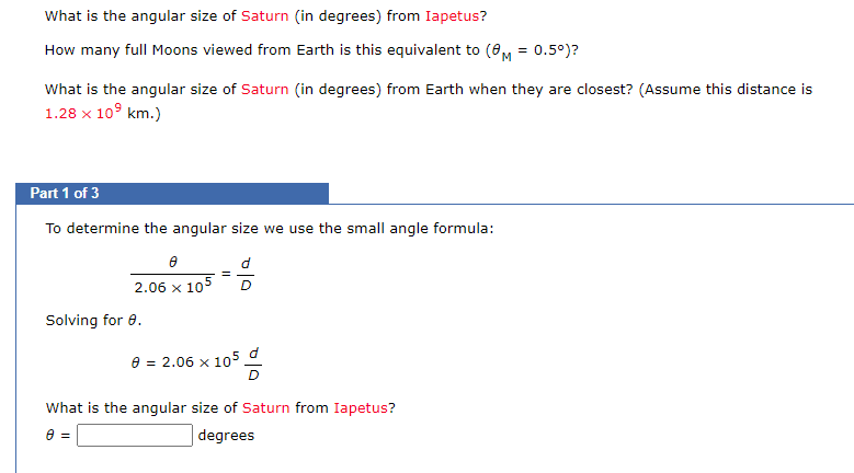 Solved What is the angular size of Saturn (in degrees) from | Chegg.com