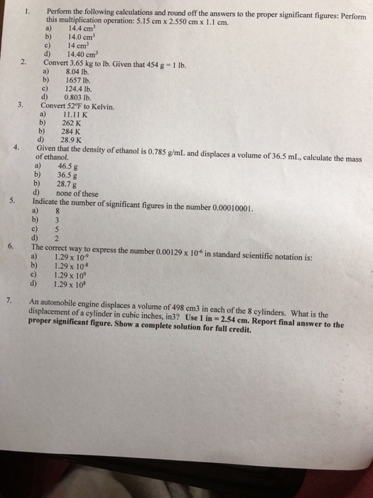 Solved 1. Perform the following calculations and round off | Chegg.com Solved 1. Perform the following calculations and round off | Chegg.com