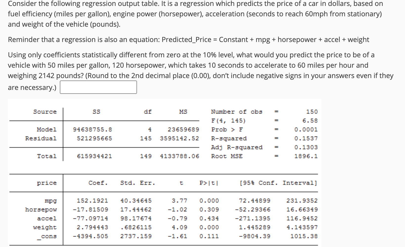 Solved Consider the following regression output table. It is | Chegg.com