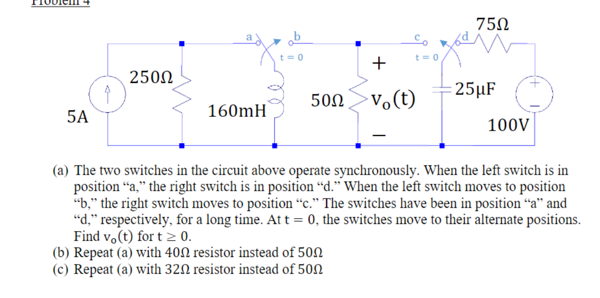 Solved 100lei 7512 t=0 t=0 + 25012 25uF 50.12 v.(t) 5A 160mH | Chegg.com
