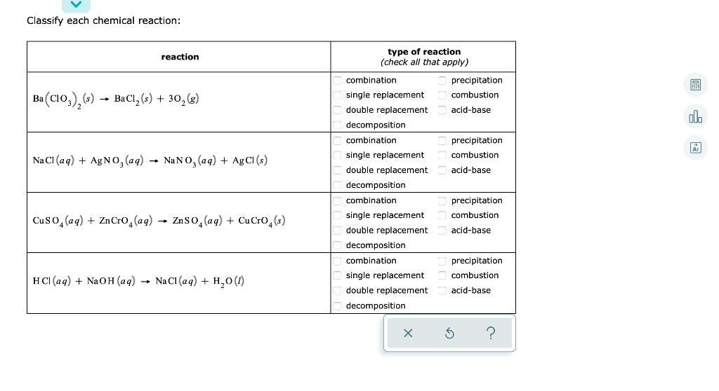 Solved Classify each chemical reaction: reaction Ba (C103), | Chegg.com