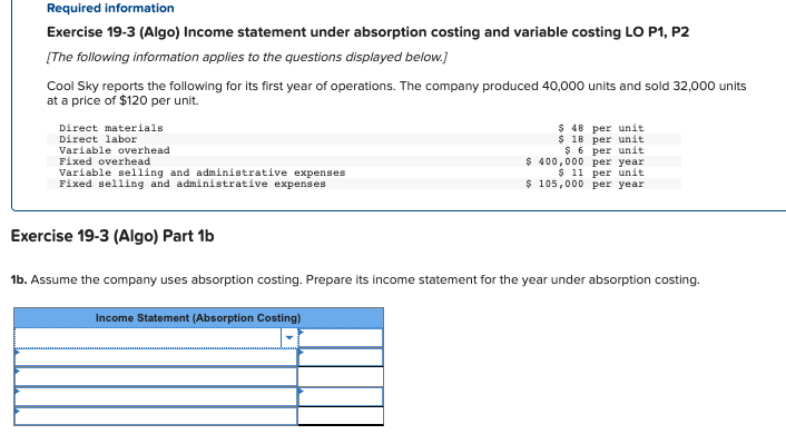 Solved Exercise 19-3 (Algo) Income statement under | Chegg.com