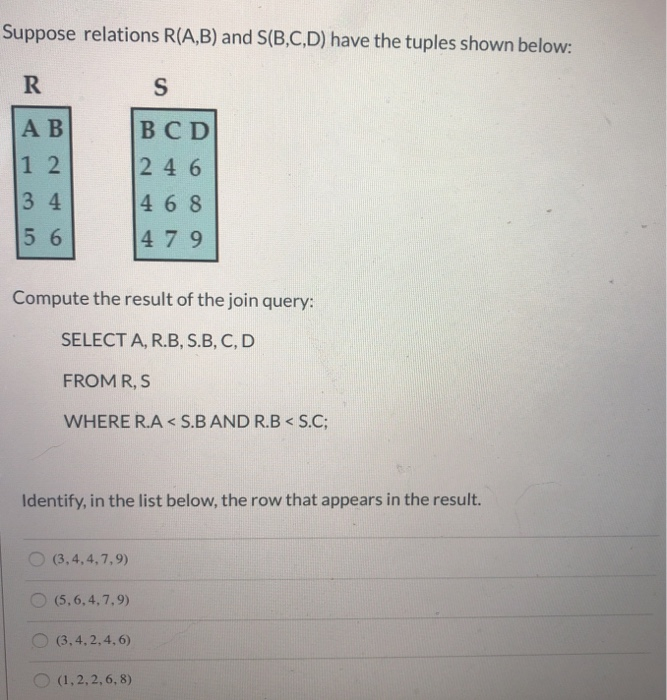 Solved Suppose relations R(A,B) and S(B,C,D) have the tuples | Chegg.com