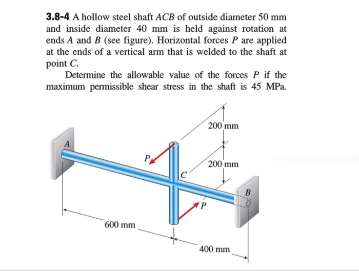 Solved 3.8-4 A hollow steel shaft ACB of outside diameter 50 | Chegg.com