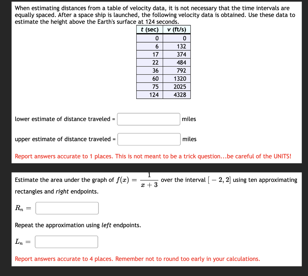 Solved When estimating distances from a table of velocity | Chegg.com