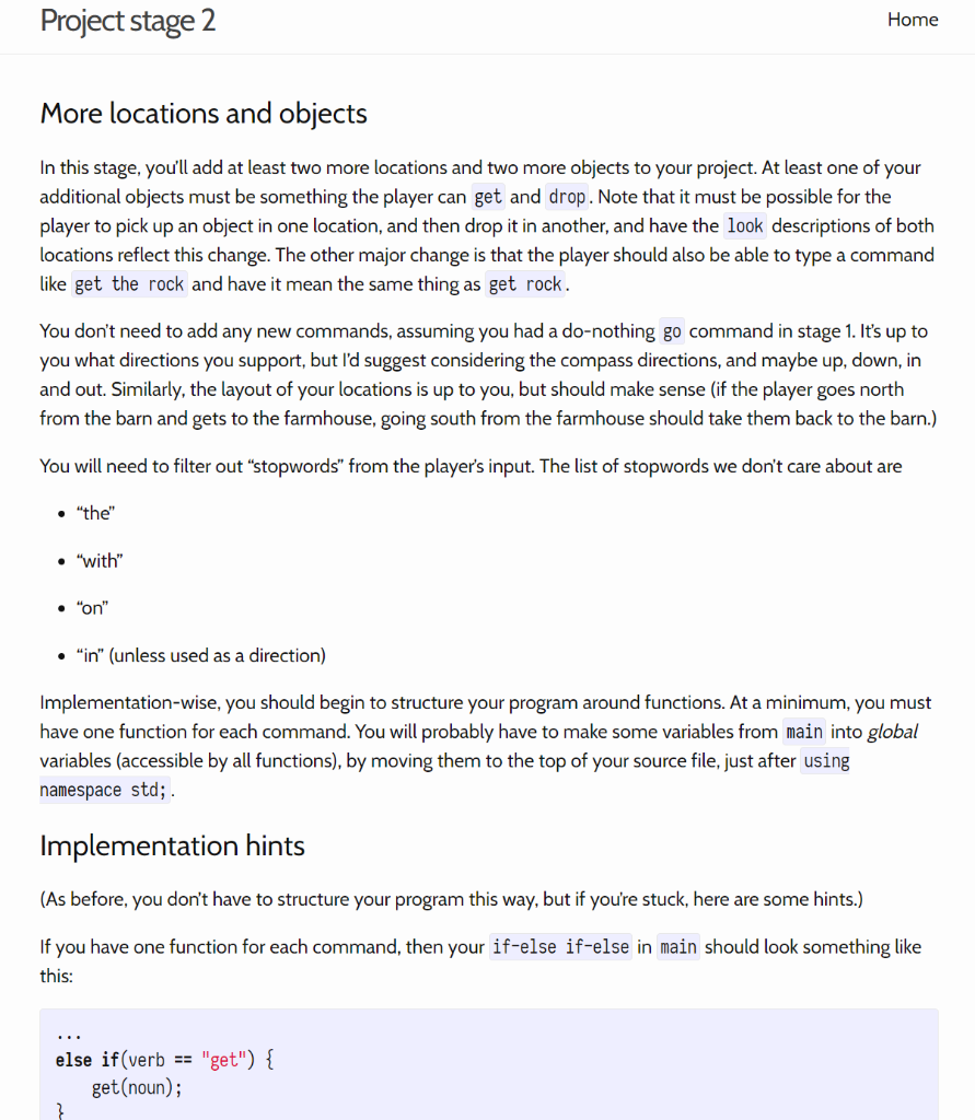 Solved Project stage 2 Home More locations and objects In | Chegg.com