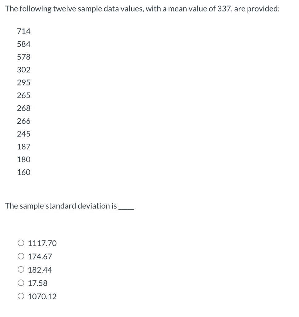 Solved The following twelve sample data values, with a mean | Chegg.com