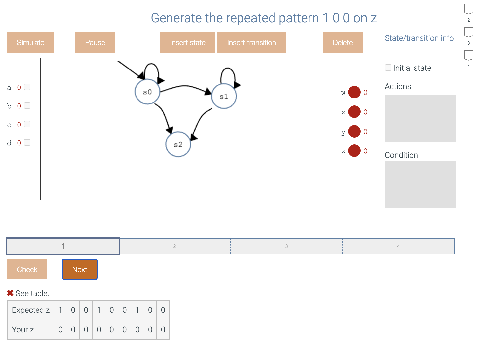 Solved Generate the repeated pattern 100 on z a 0 b 0 C 0 d | Chegg.com