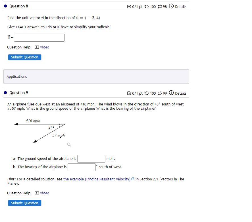 Solved Find the unit vector u in the direction of v= −2,4 | Chegg.com