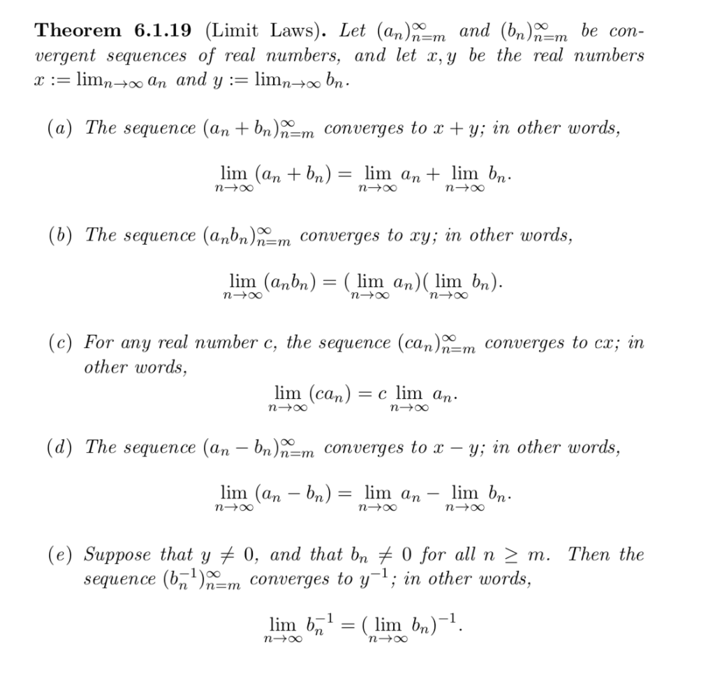 Solved Theorem 6.1.19 (Limit Laws). Let (an)nem and (bn)nem | Chegg.com