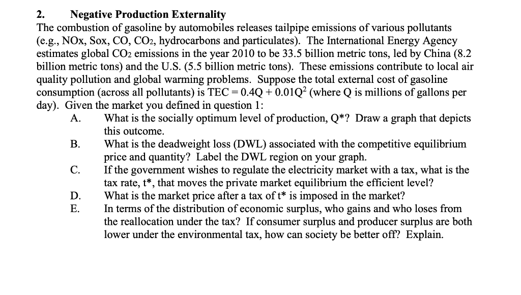 Solved 2. Negative Production Externality The combustion of | Chegg.com
