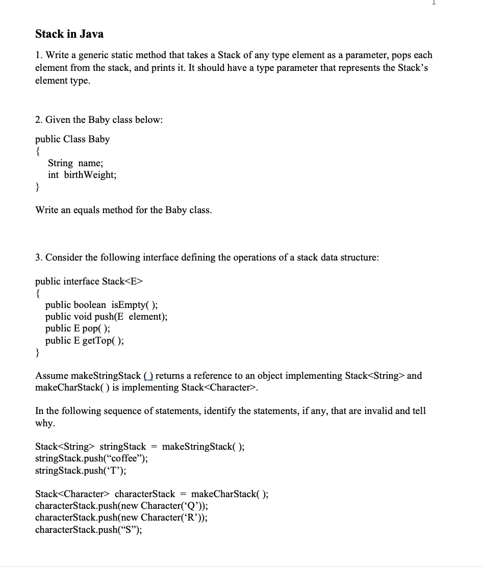Solved Stack In Java 1 Write A Generic Static Method That 9507