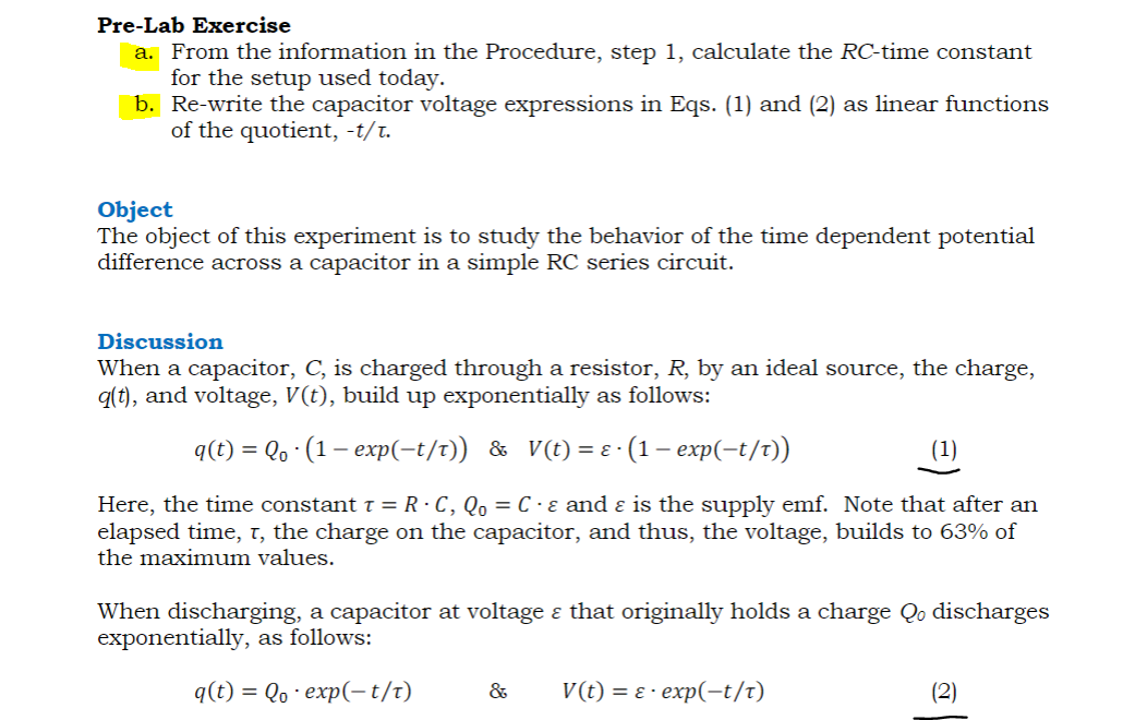 Solved Pre-Lab Exercise a. From the information in the | Chegg.com