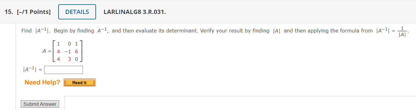 Solved Find |A−1|. Begin by finding A−1, and then evaluate | Chegg.com