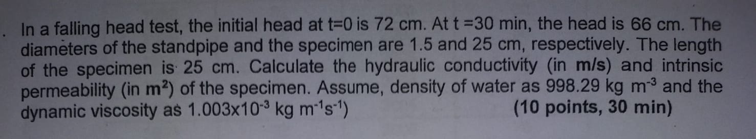 Solved In a falling head test, the initial head at t=0 is 72 | Chegg.com