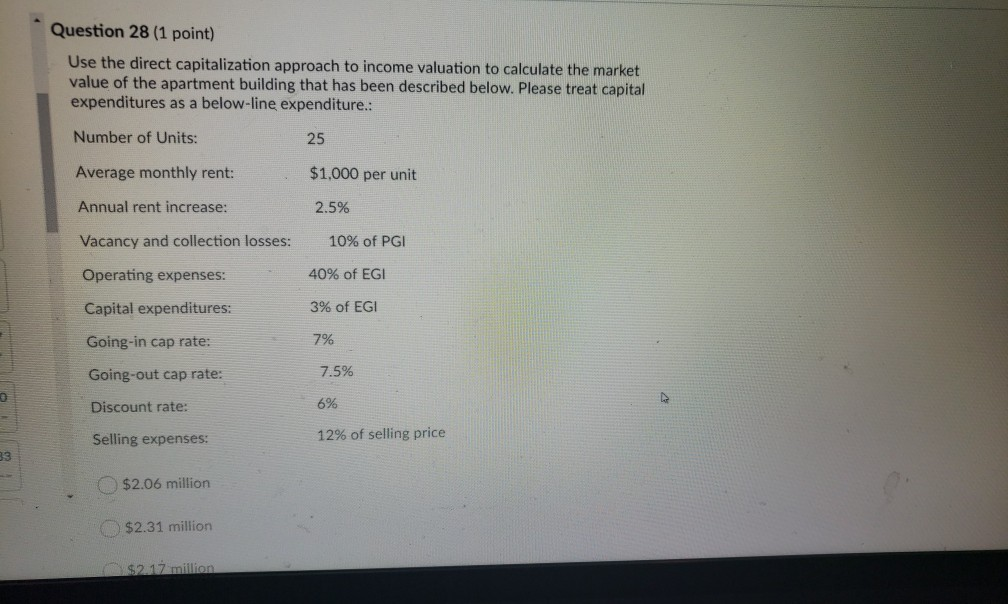Question 28 (1 point) Use the direct capitalization | Chegg.com