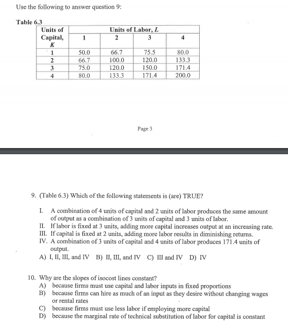 Solved Use the following to answer question 9 Table 6.3 | Chegg.com