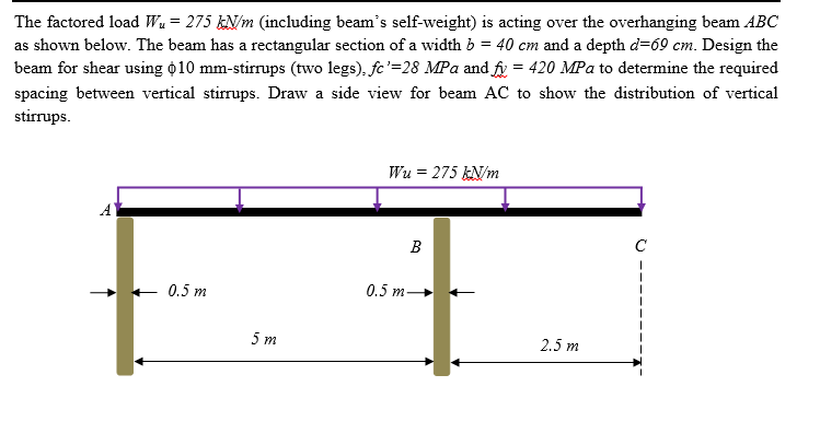 Solved The factored load Wu=275kN/m (including beam's | Chegg.com