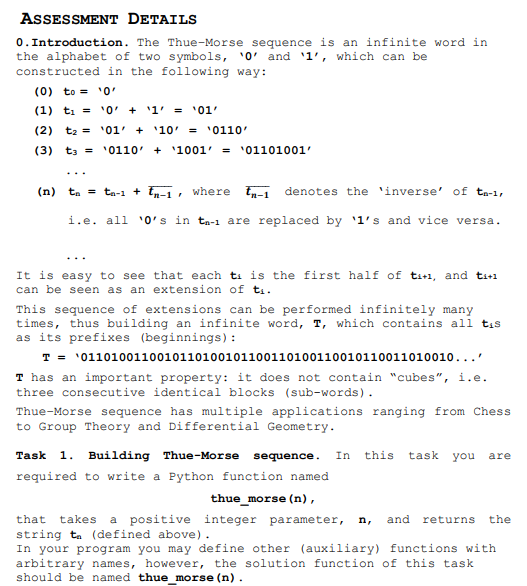 Solved Task 1. Building Thue-Morse sequence. In this task | Chegg.com