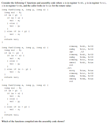 Solved Consider the following functions and assembly code | Chegg.com