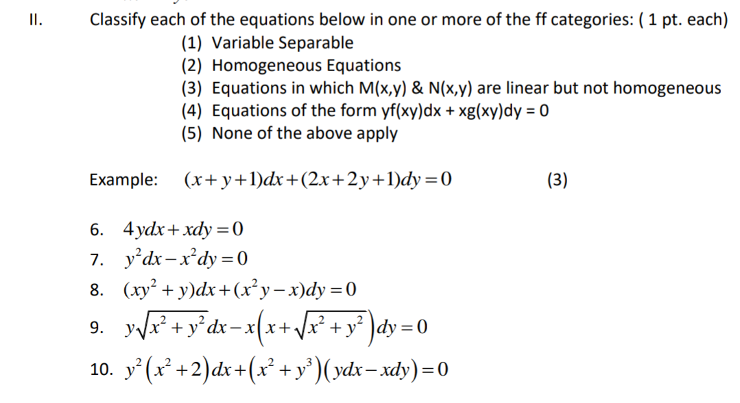 Solved II. Classify each of the equations below in one or | Chegg.com