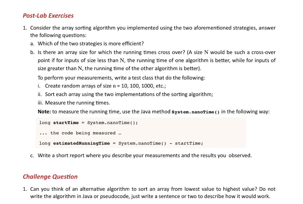 Solved Post-Lab Exercises 1. Consider the array sorting | Chegg.com