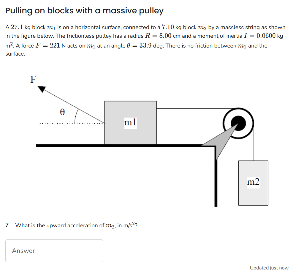 Solved Pulling on ﻿blocks with a massive pulleyA 27.1 kg | Chegg.com