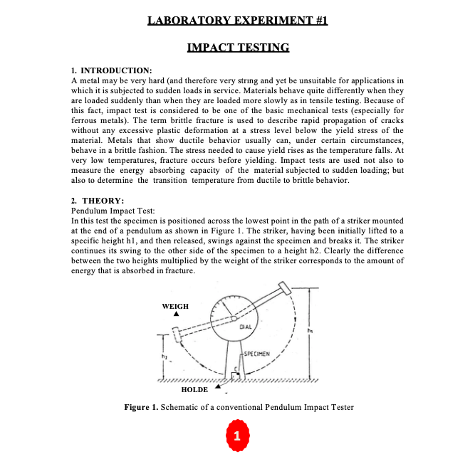 Solved LABORATORY EXPERIMENT #1 IMPACT TESTING 1. | Chegg.com