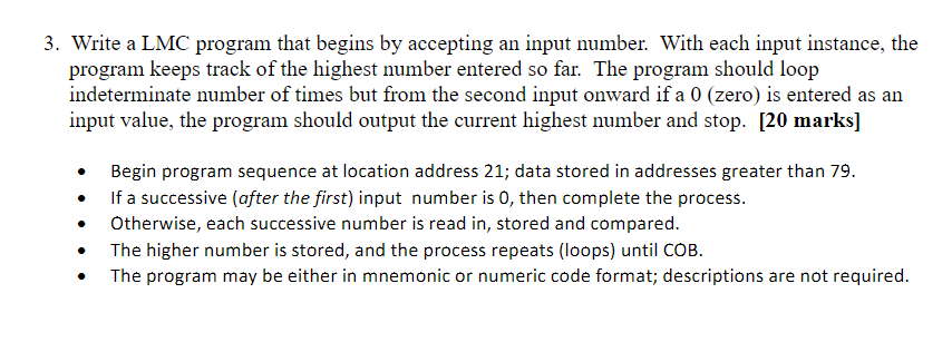 3. Write a LMC program that begins by accepting an | Chegg.com