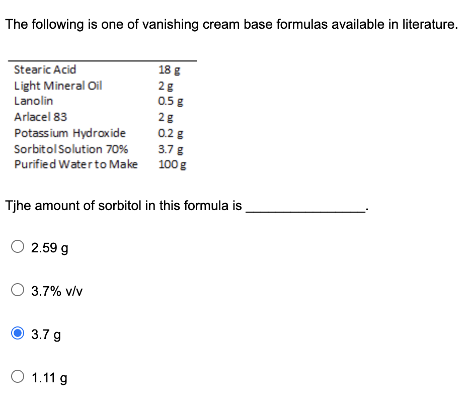 Solved The following is one of vanishing cream base formulas | Chegg.com