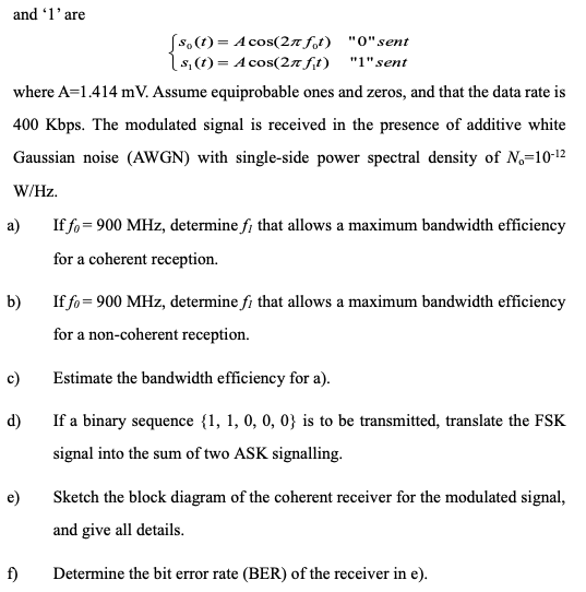Solved The BFSK (binary frequency shift keying) signaling | Chegg.com