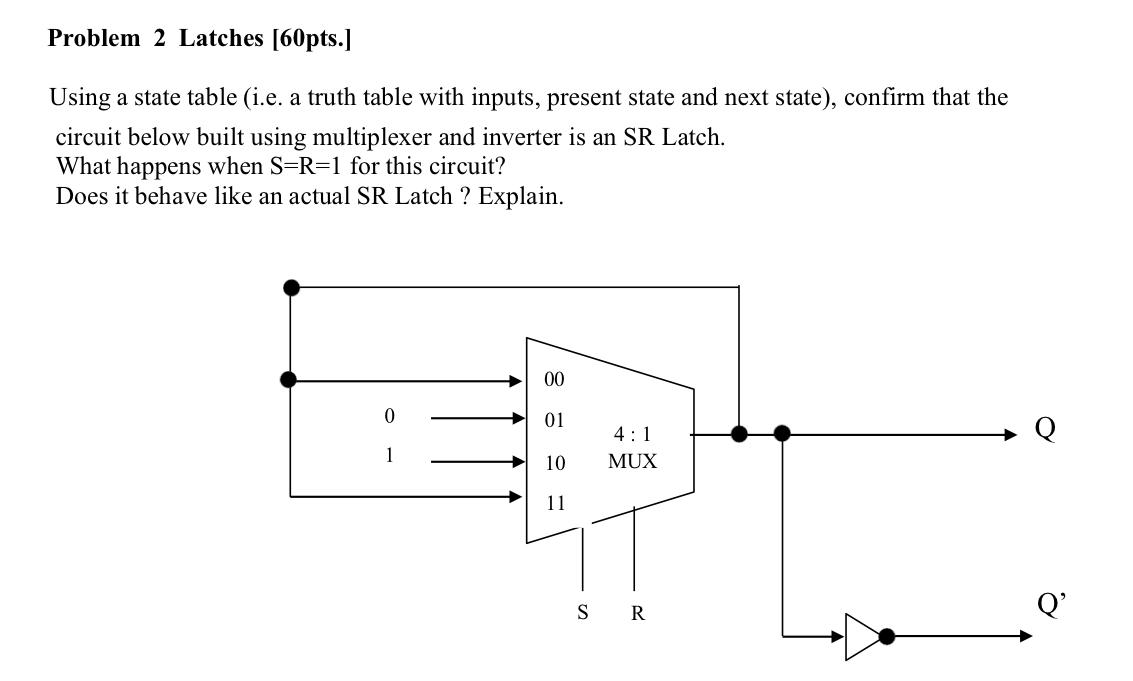 Solved Problem 2 Latches [60pts.] Using a state table (i.e. | Chegg.com