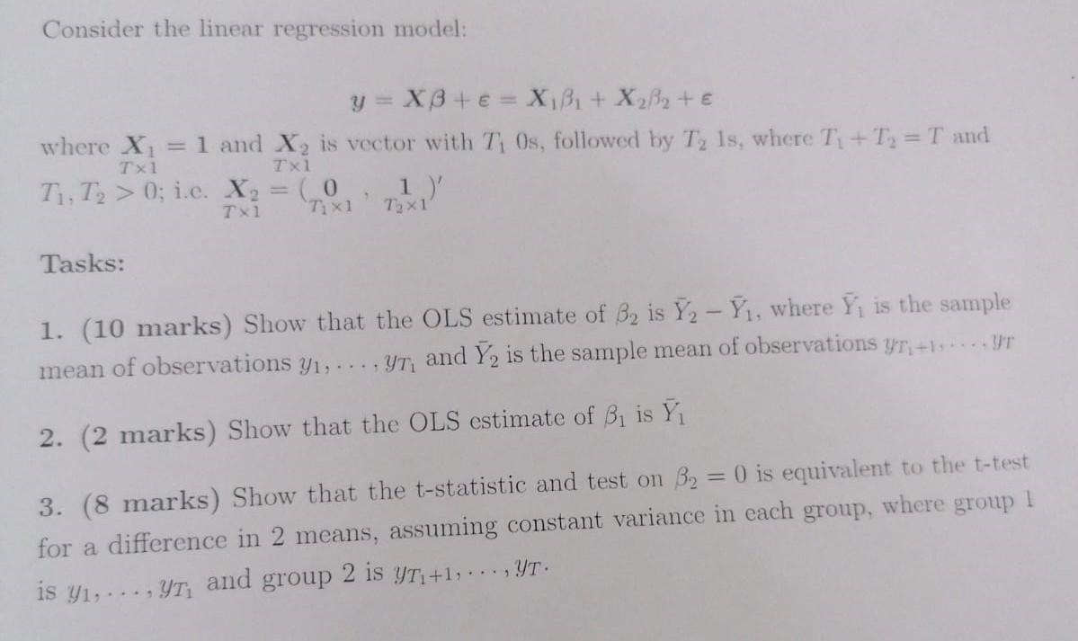 Solved Consider the linear regression model: | Chegg.com