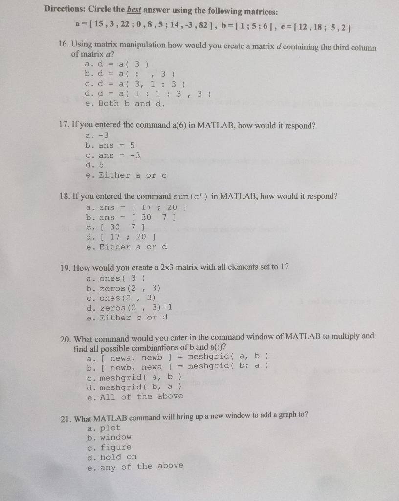 Solved Directions: Circle the best answer using the | Chegg.com