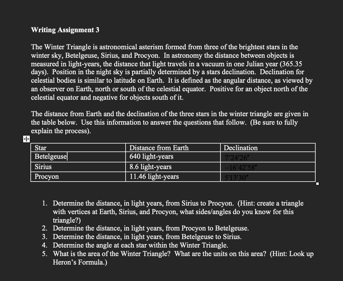 Solved Writing Assignment 3 The Winter Triangle is | Chegg.com